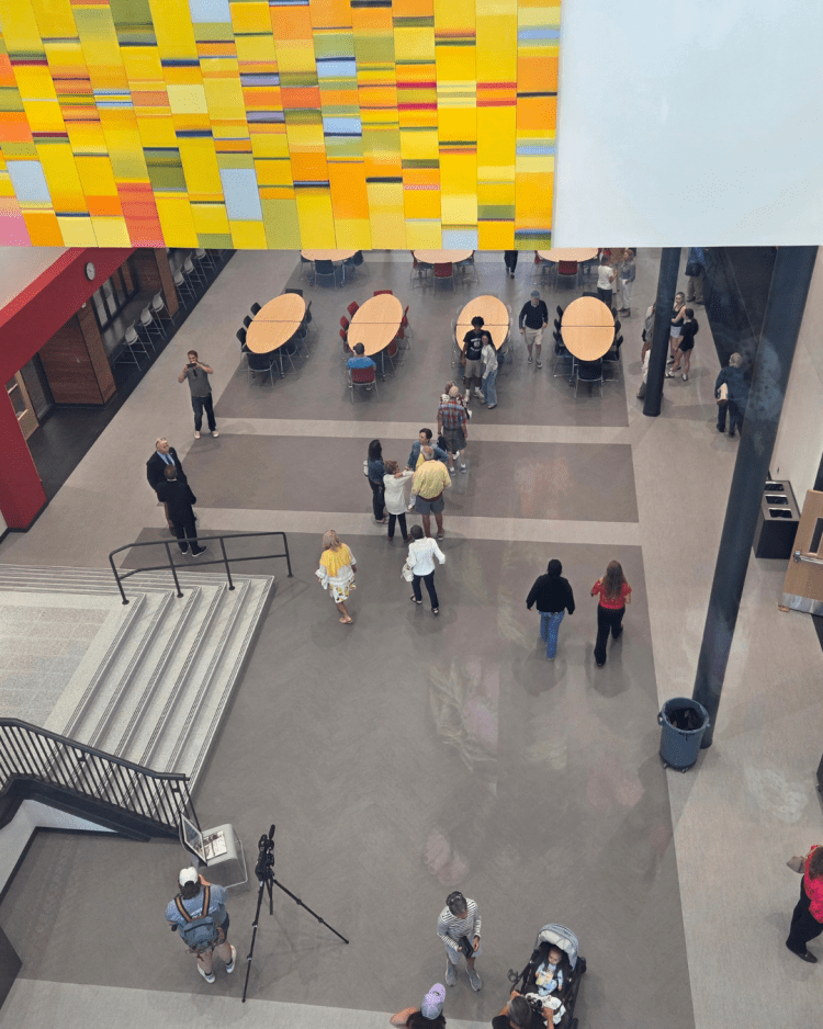 Overlooking the lobby where students can eat meals from the cafeteria ...